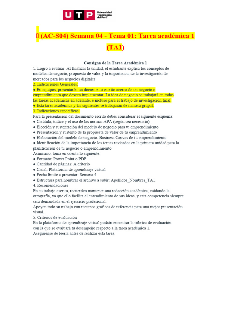 ? (AC-S04) Semana 04 - Tema 01 Tarea Académica 1 (TA1) (Negocios Digatales) | PDF