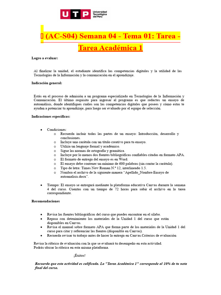 ? (AC-S04) Semana 04 - Tema 01 Tarea - Tarea Académica 1 - TECNOLOGIAS DEL APRENDIZAJE ...