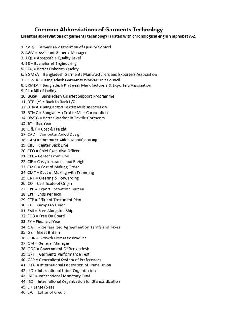 Garments Tech Abbreviations A-Z | PDF | Economies | Business