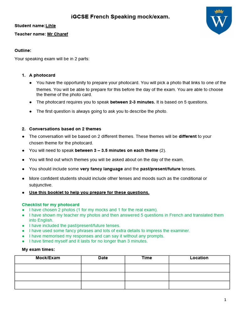 Lihle Lufefe Gwababa - NEW iGCSE French Speaking Booklet (10Qs Per ...