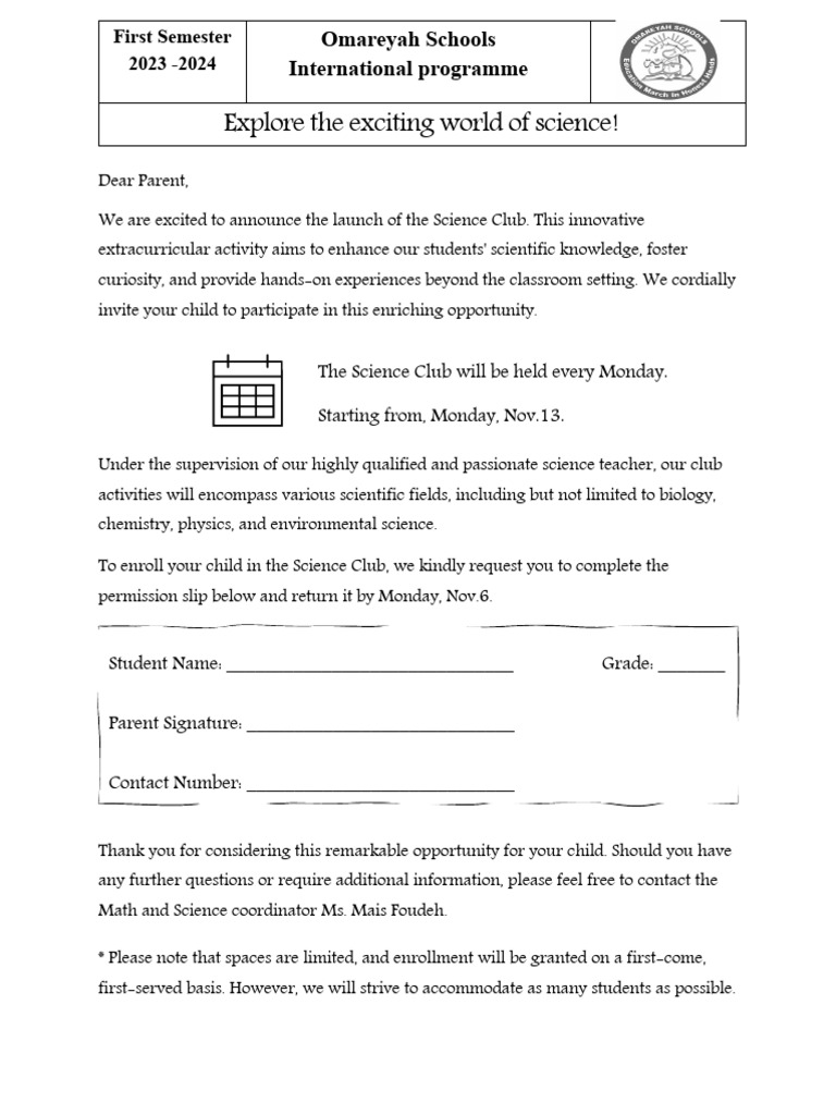Science club permission slip | PDF