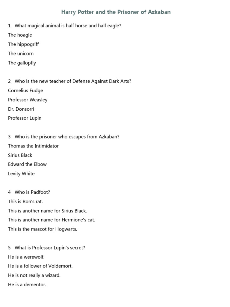 03 Harry Potter and The Prisoner of Azkaban - Take Quiz | PDF | Fantasy ...