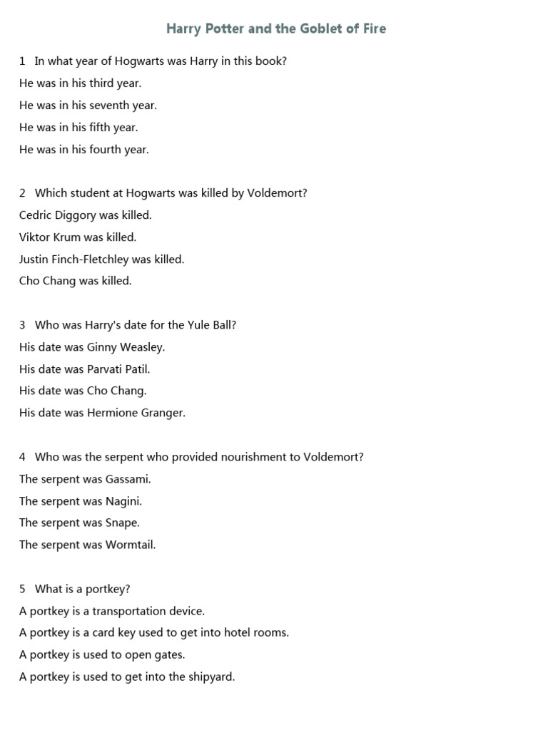 04 Harry Potter and The Goblet of Fire - Take Quiz | PDF | Fantasy ...