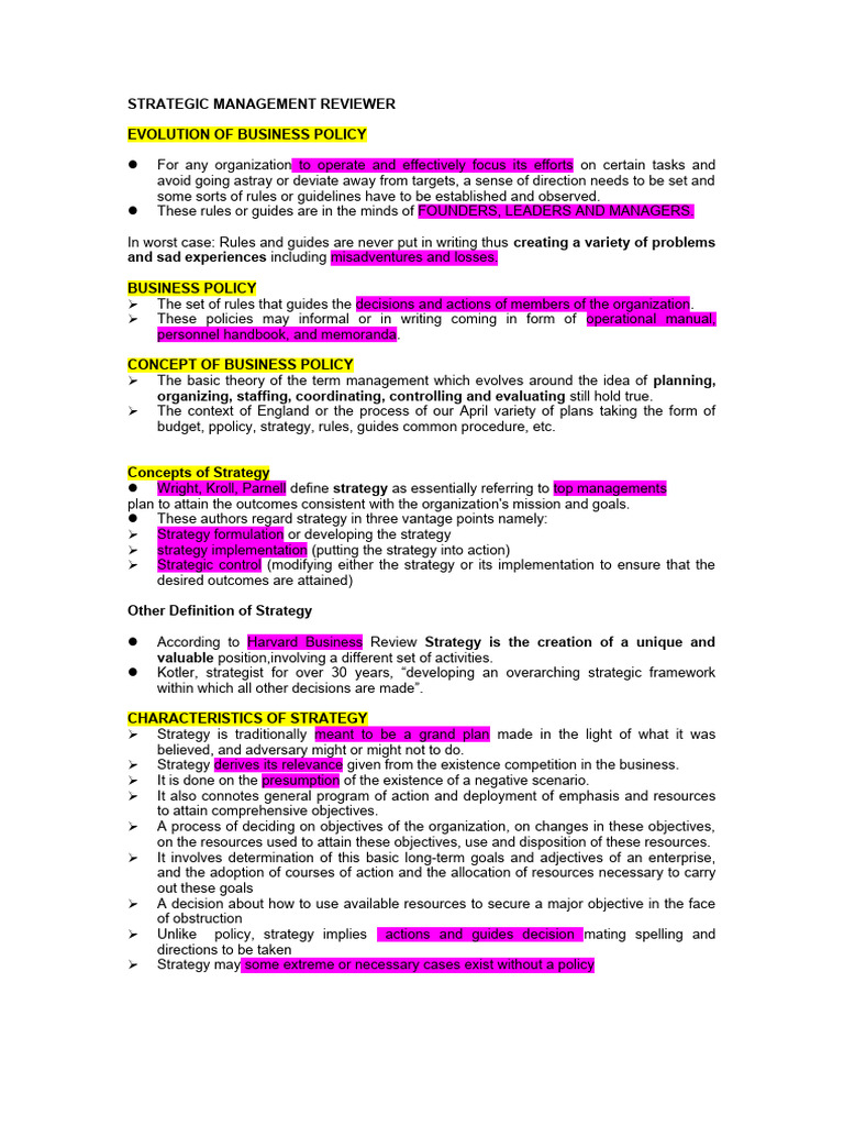Strategic Management Reviewer | PDF | Strategic Management | Policy