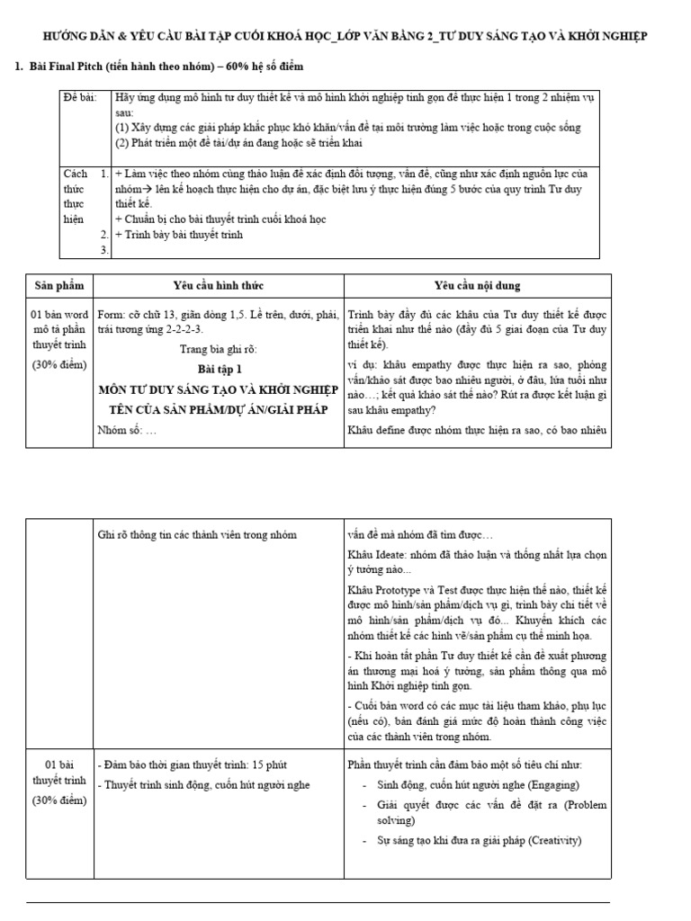 Yêu cầu, hướng dẫn các bài tập - VB2-TDSTKN-2023 | PDF