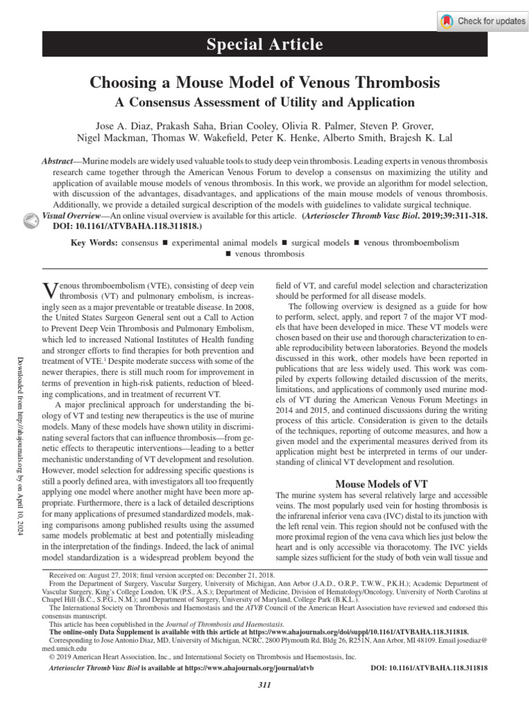 Diaz Et Al 2019 Choosing A Mouse Model of Venous Thrombosis | Download ...
