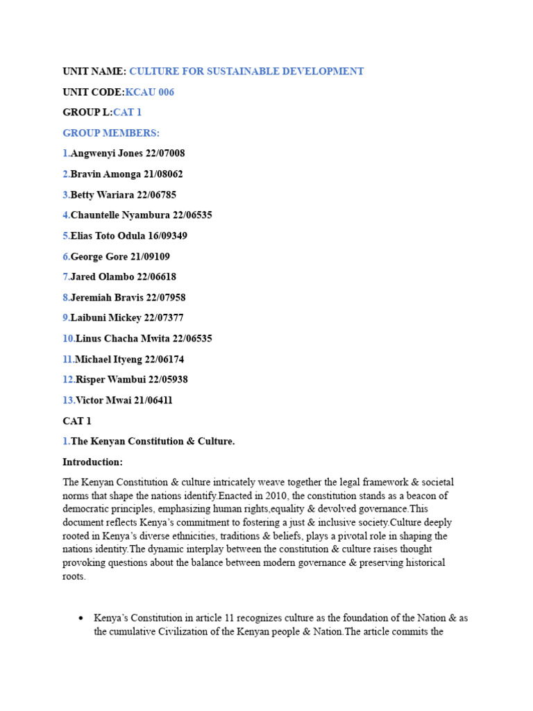 Culture & Sustainable DVPT Group L | PDF | Constitution | Kenya