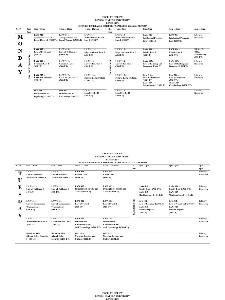 Law Lecture Timetable 2023/2024 | PDF | Justice | Crime & Violence