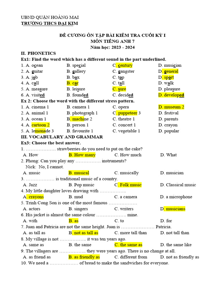 ANH 7 - ĐỀ CƯƠNG CUỐI HKI | PDF | Piano | Foods