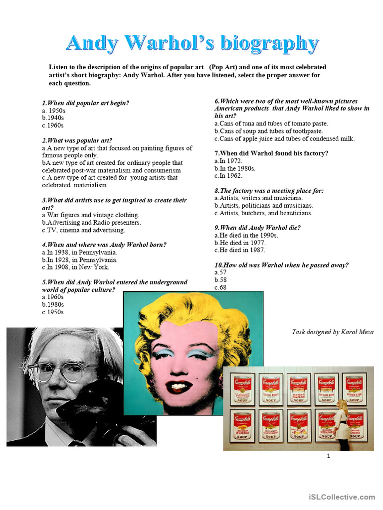 Andy Warhol's Biography - Listening Task | PDF | Andy Warhol