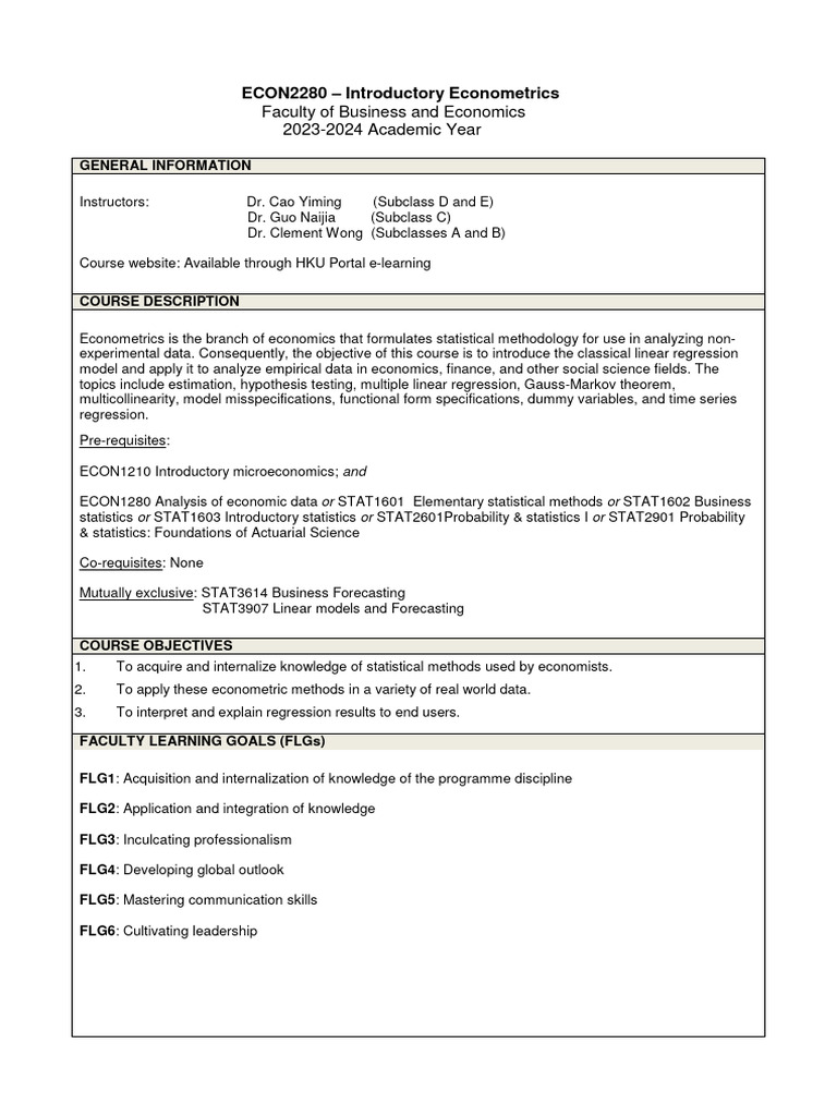 ECON2280 2023-24 Common Course Outline | Download Free PDF | Statistics ...