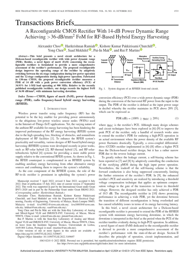 A Reconfigurable CMOS Rectifier With 14-DB Power Dynamic Range Achieving Gt36-DB Mm2 FoM For RF ...