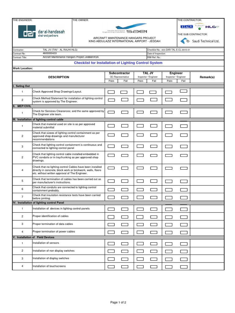 M-0076-01-Check List - Installation of Lighting Control System | PDF ...