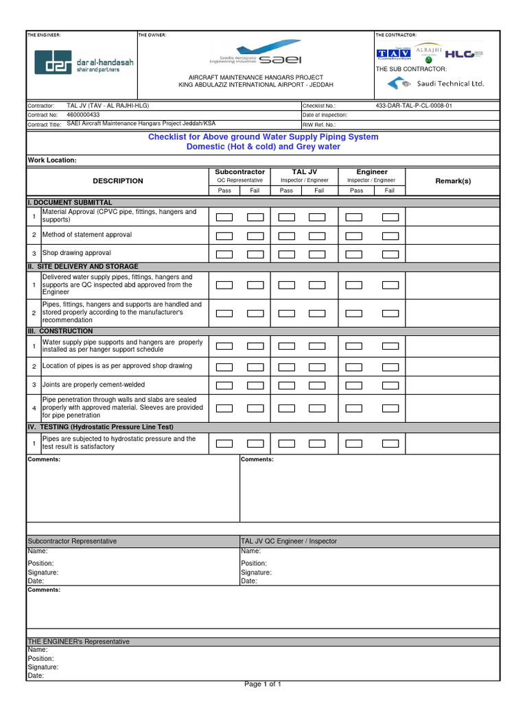 Water Supply Piping System Checklist | PDF | Pipe (Fluid Conveyance)