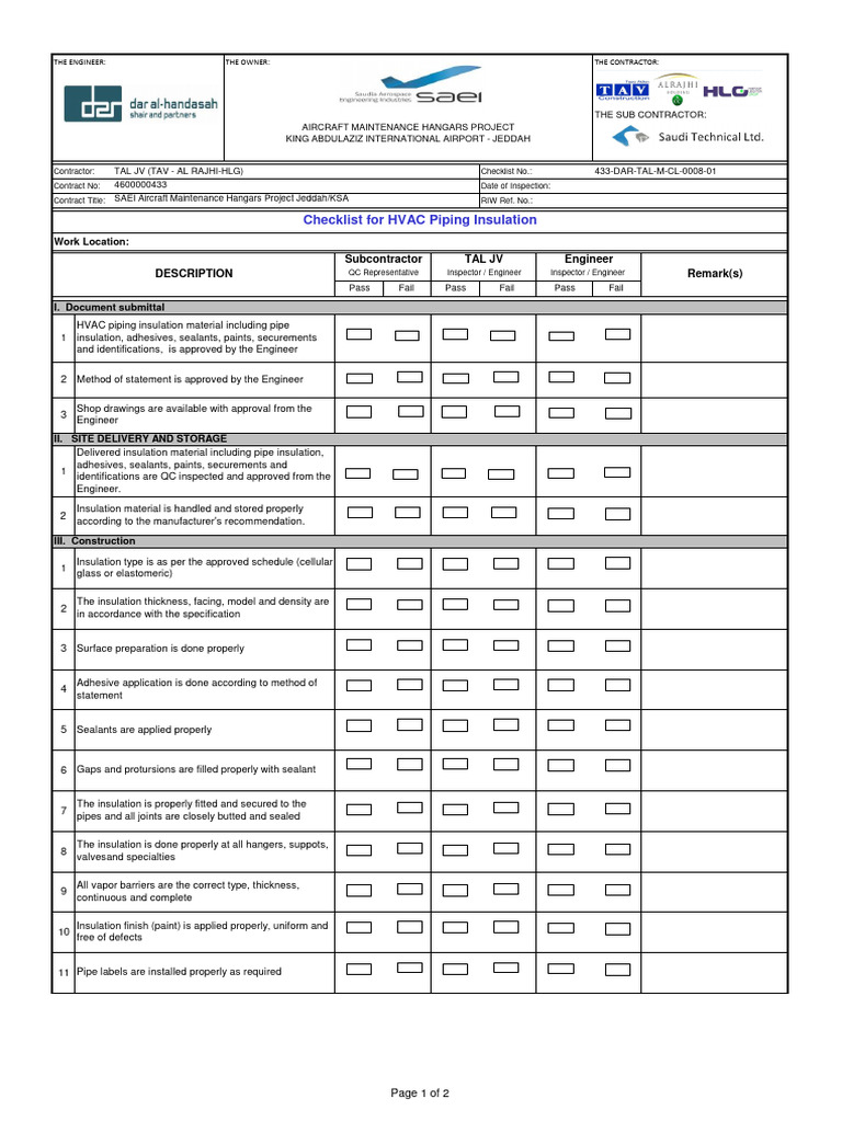 M-0072-01 Check List For Pipe Insulation | PDF | Pipe (Fluid Conveyance ...
