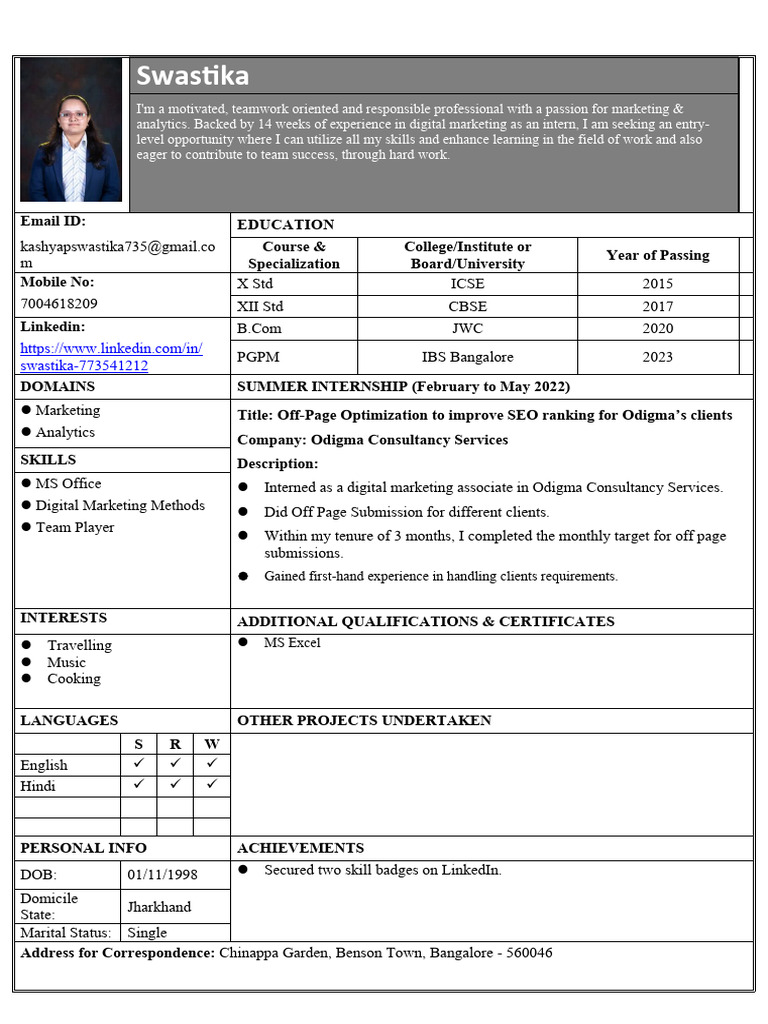 Resume Swastika | PDF | Digital Marketing