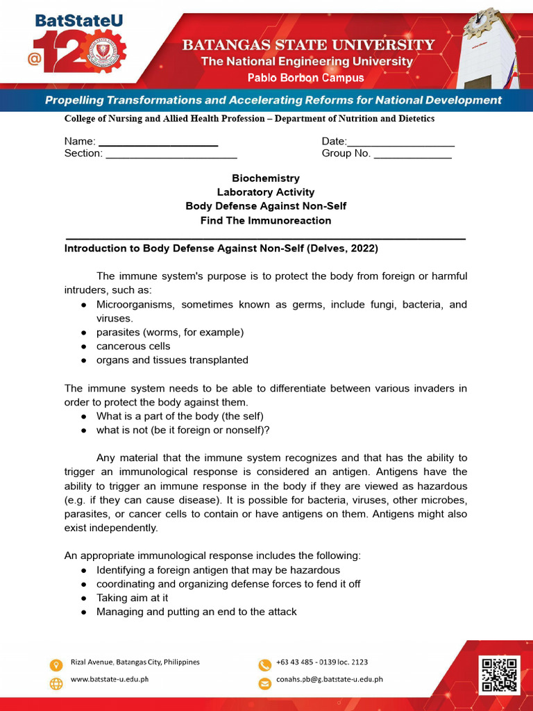 Carandang Lab #11.2 Body Defense Against Non-Self Answer Sheet | PDF ...