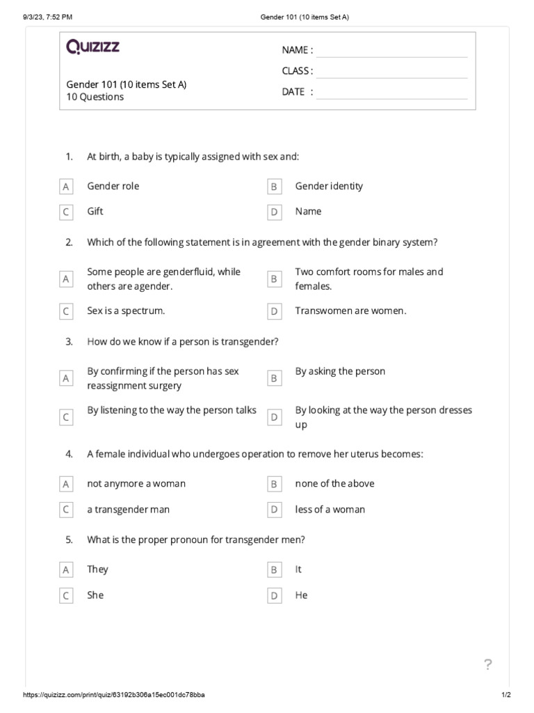 Chapter 1 Practice Quiz Printout | Download Free PDF | LGBTQIA+ Studies | Transgender