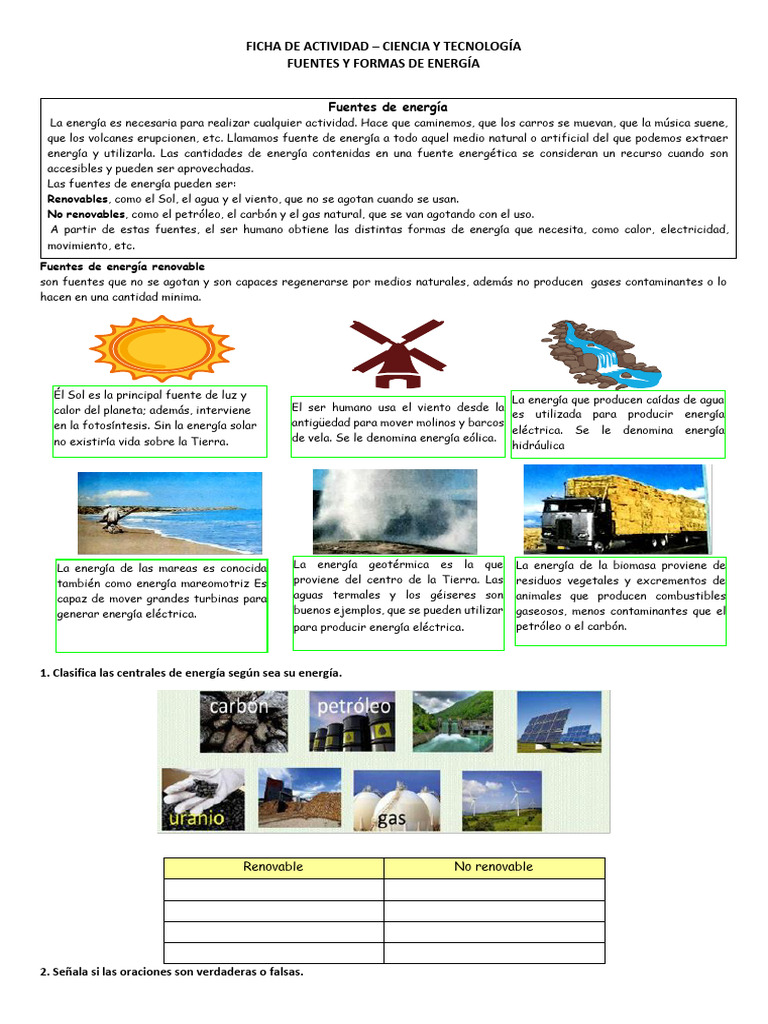 Ficha Fuentes y Formas de Enrgia | PDF | Energía renovable | Desarrollo ...