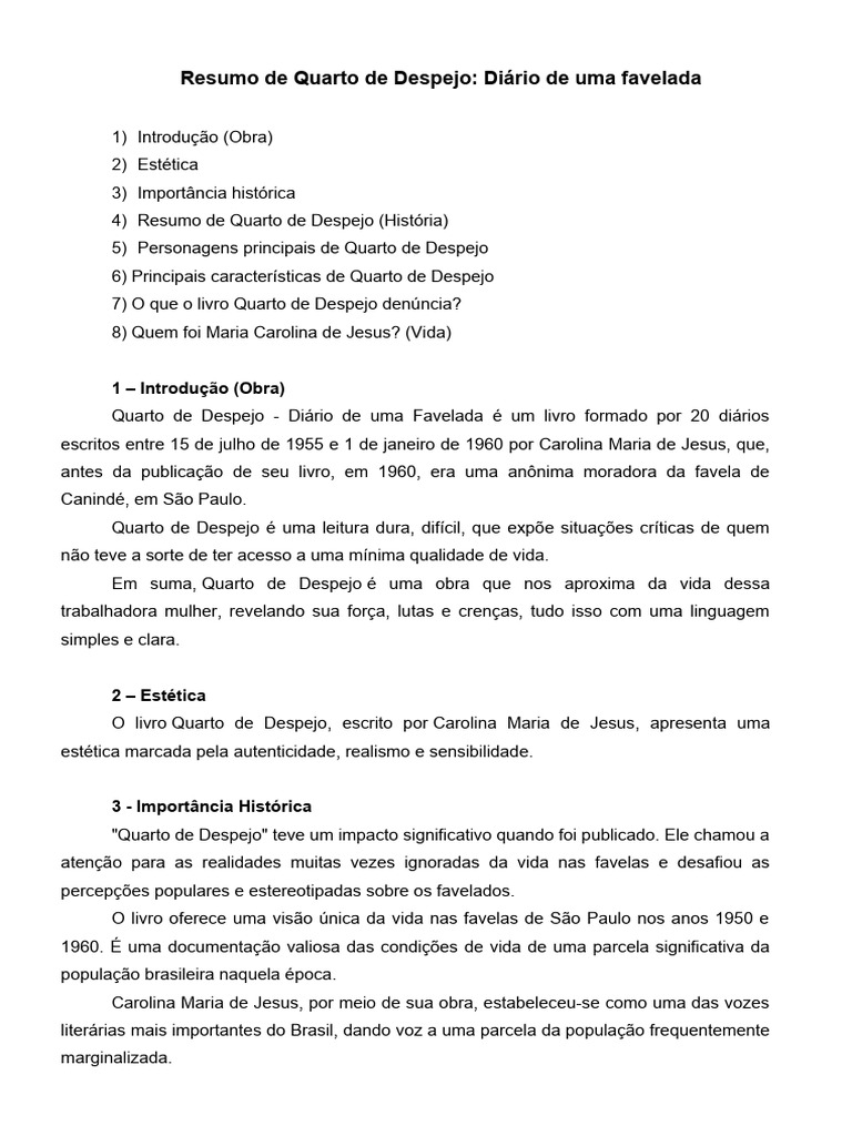 Resumo de Quarto de Despejo | PDF | Favela | Pobreza