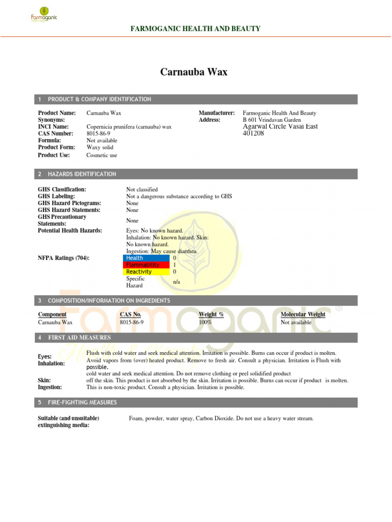 Carnauba Wax MSDS | PDF | Dangerous Goods | Personal Protective Equipment