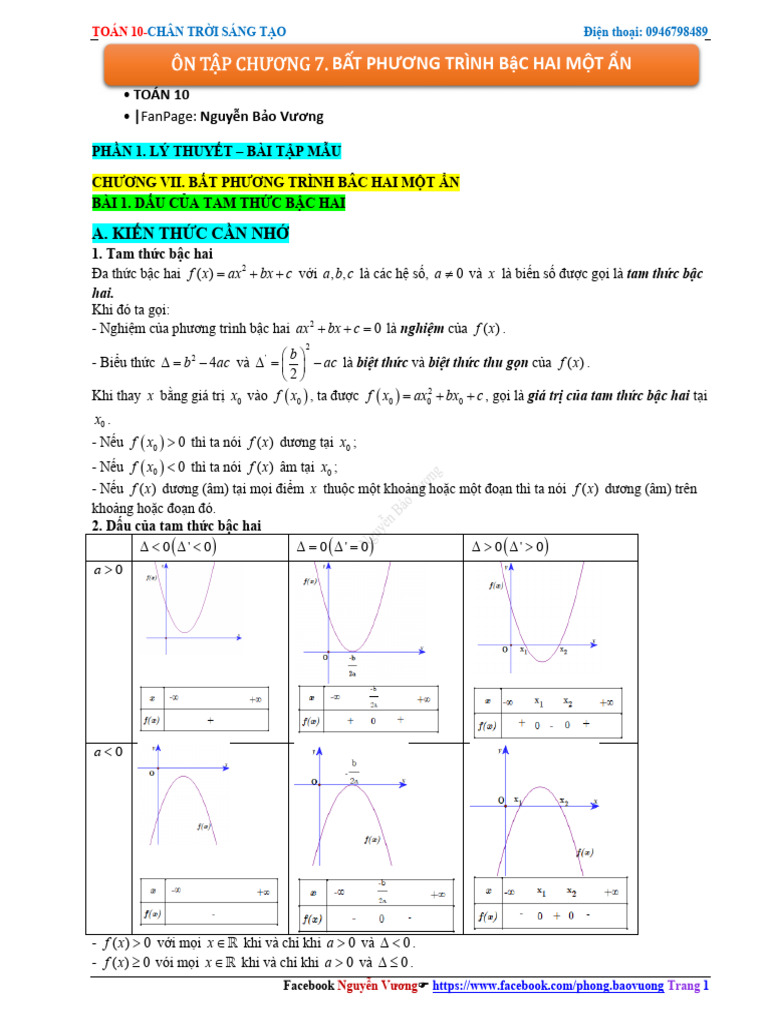 7. BẤT PHƯƠNG TRÌNH BÂC HAI MỘT ẨN (OCT) - CTST 10 | PDF