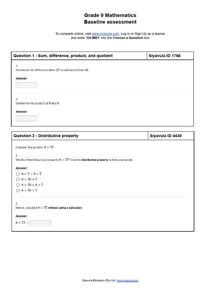 Grade 9 Mathematics Online Baseline - Siyavula - Printout | PDF | Area ...