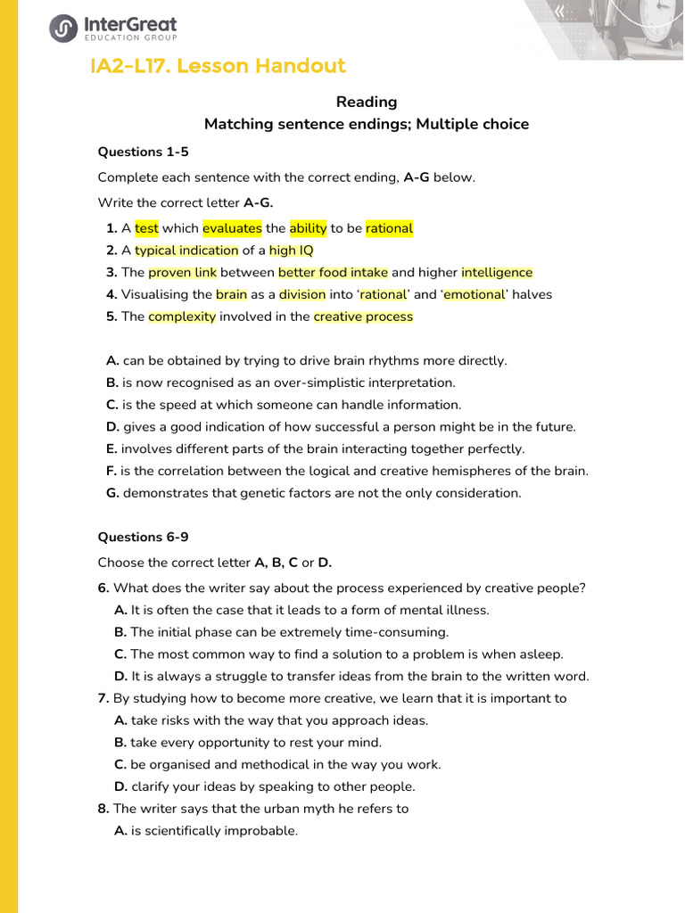 IA2-L17. Lesson Handout | Download Free PDF | Creativity | Thought