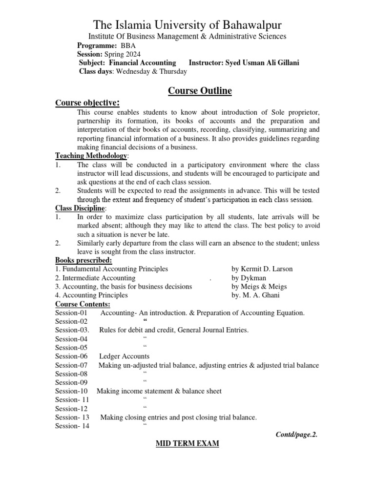 BBA Financial Accounting Course Outline | PDF