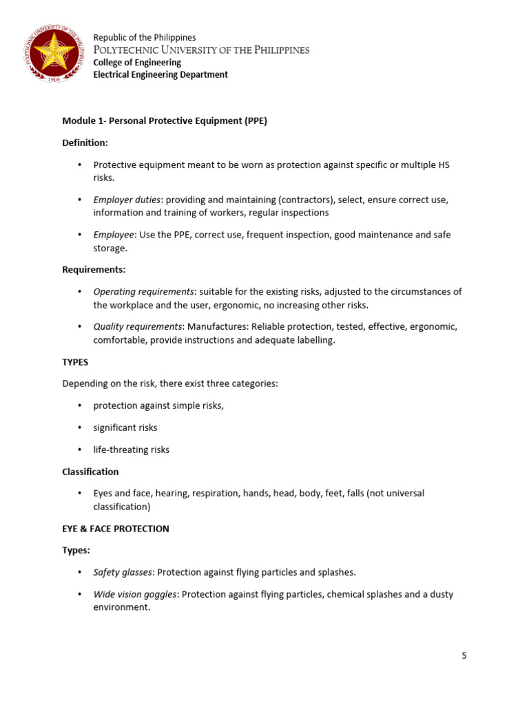 Module 1 - Personal Protective Equipment | PDF | Personal Protective Equipment | Working Conditions