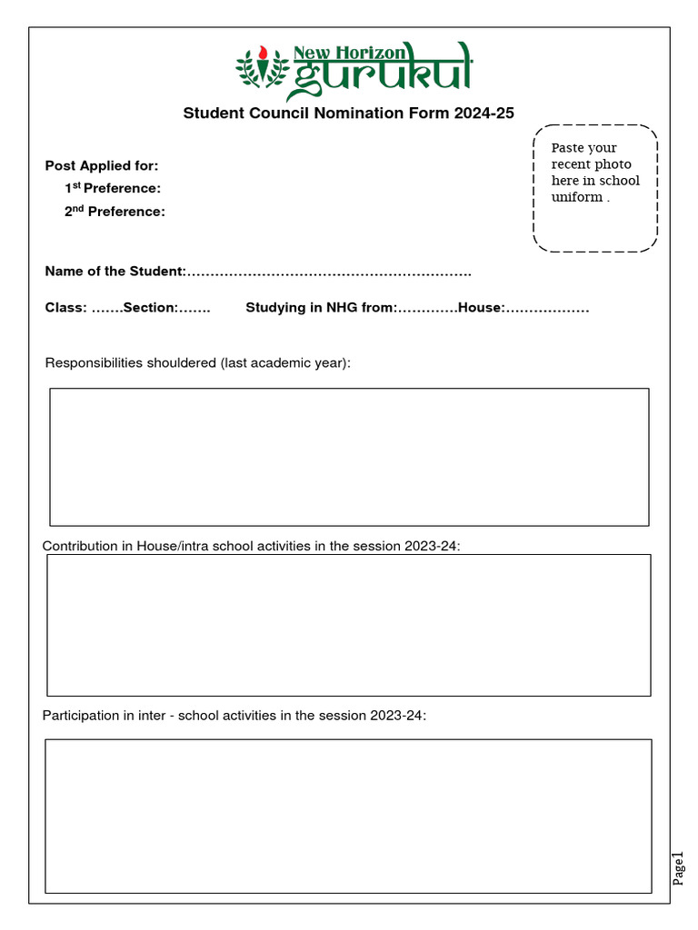 Student Council Nomination Form 2024-25 | PDF