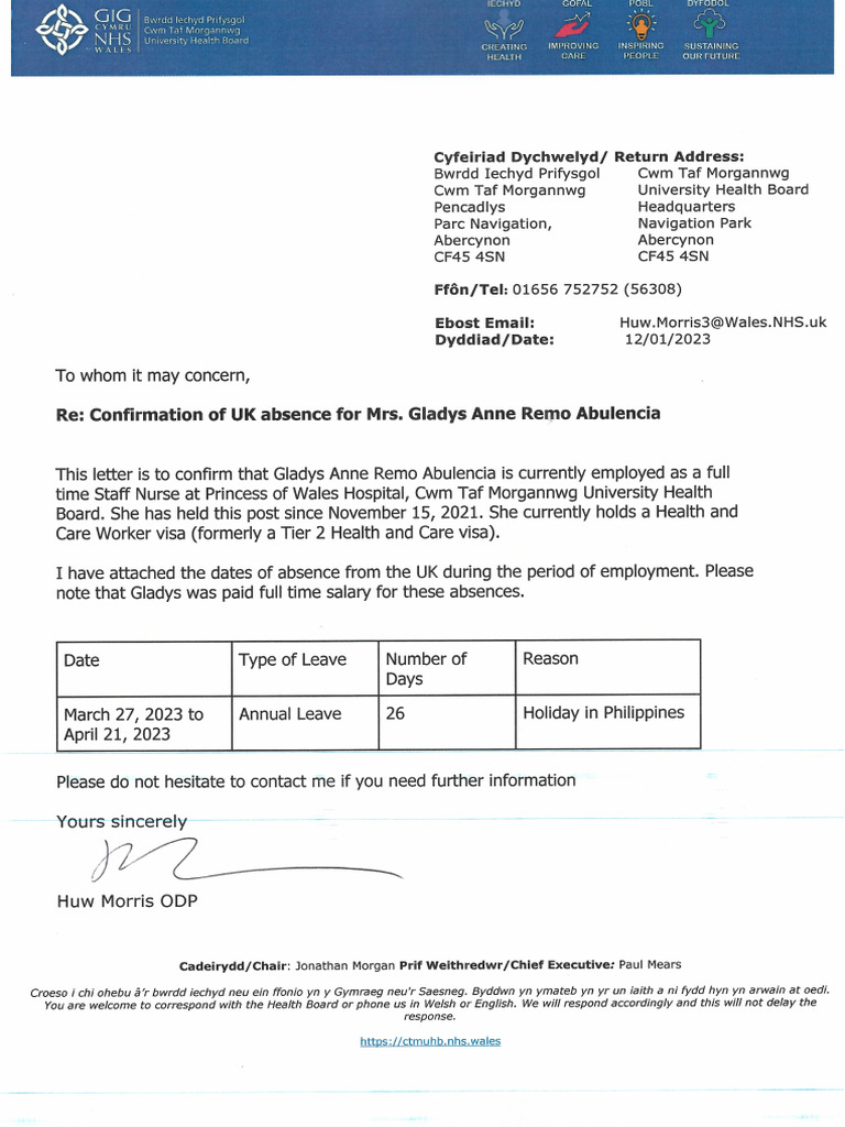 Confirmation Letter of UK Absence From Manager | PDF