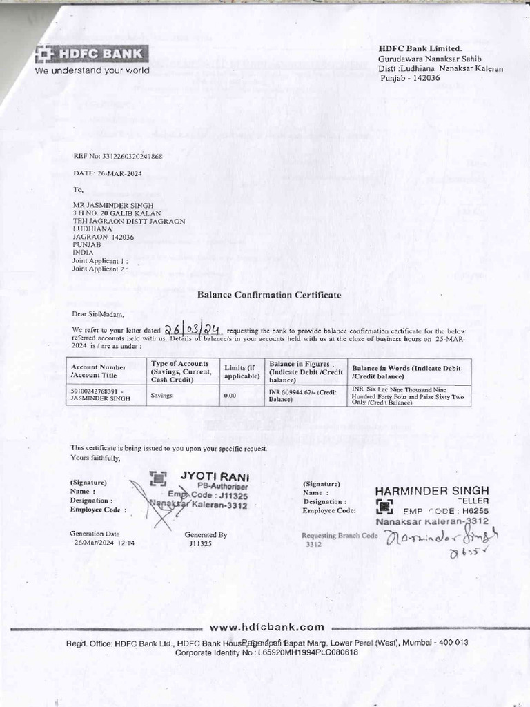 Jasminder Bank Balance Certificate | PDF