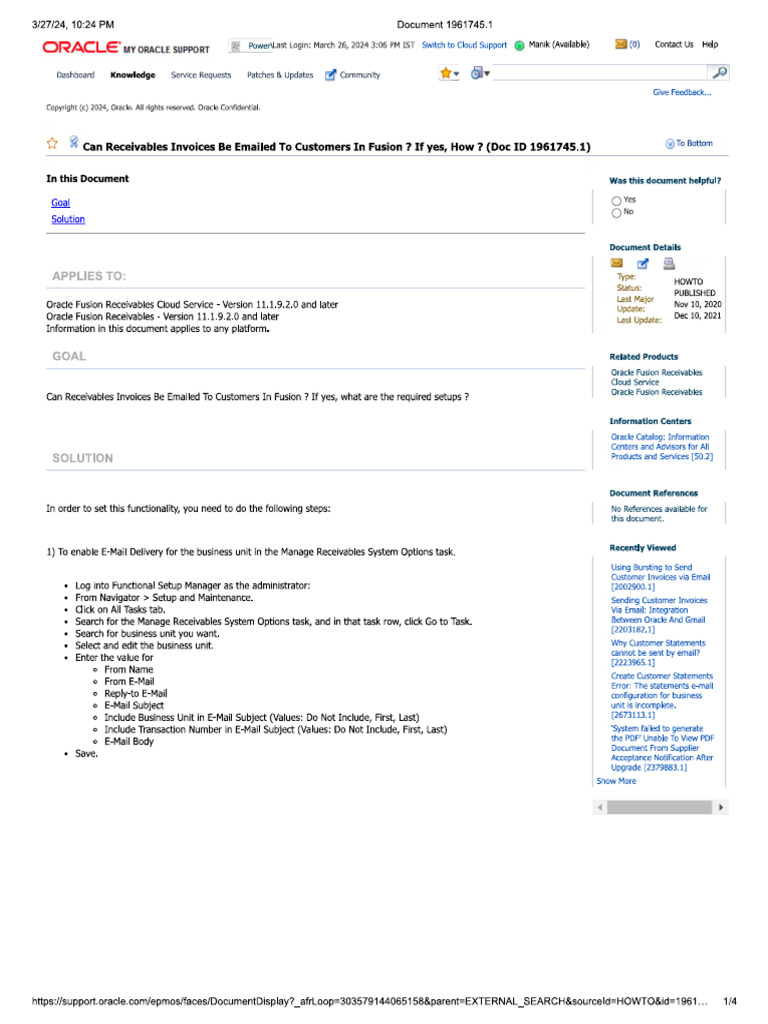 Oracle Fusion Setup For Invoice Email | PDF
