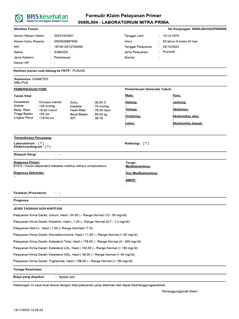 Formulir Klaim Pelayanan Primer: 0089L004 - Laboratorium Mitra Prima | PDF