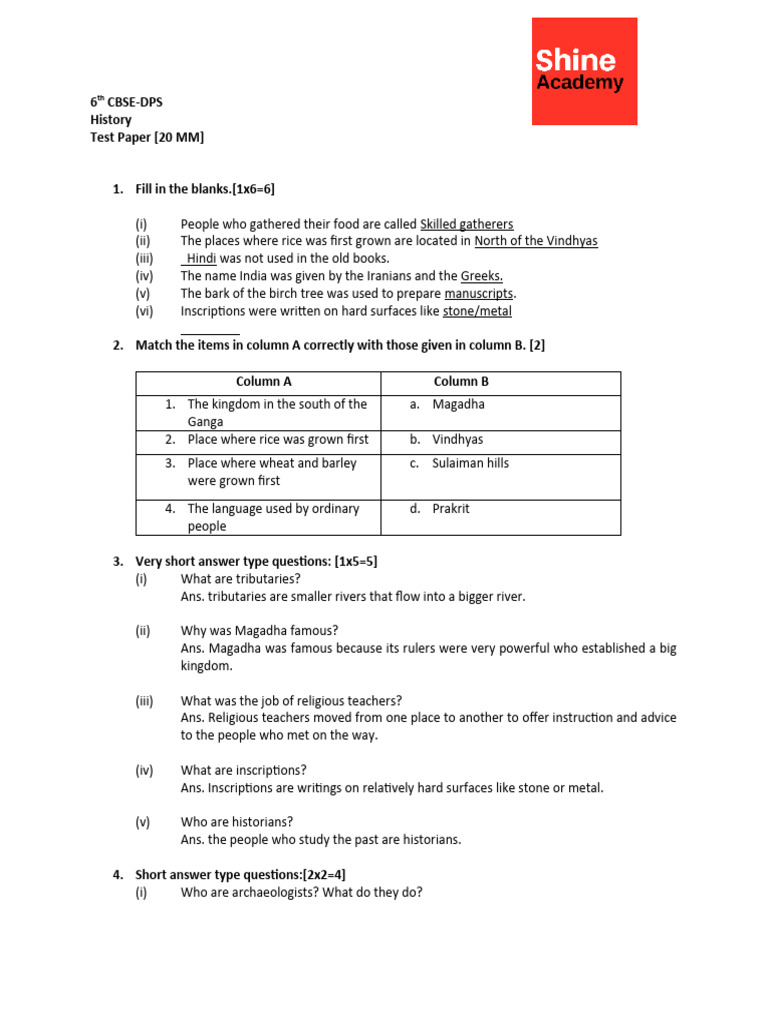 6th CBSE-dps History Test Paper With Answer | Download Free PDF ...