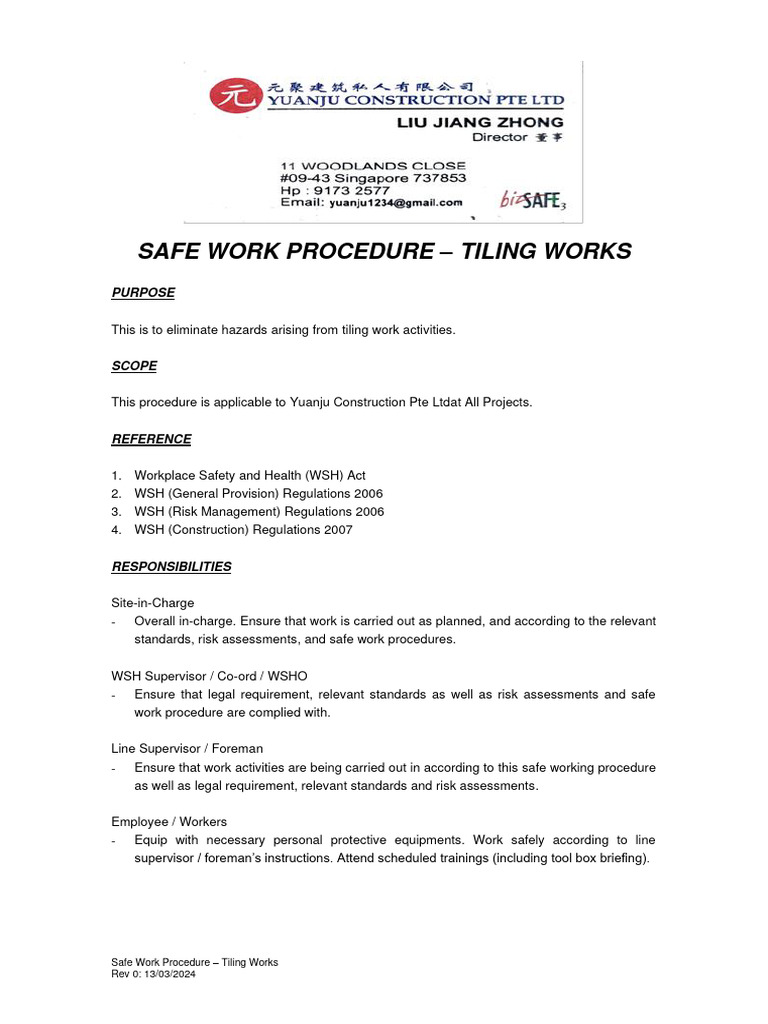SWP - Tiling Work ( (Yuanju) | PDF | Occupational Safety And Health ... SWP - Tiling Work ( (Yuanju) | PDF | Occupational Safety And Health ...