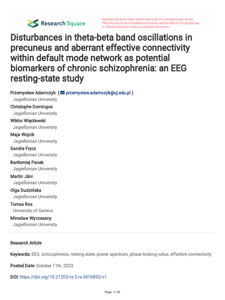 Disturbances in Theta-Beta Band Oscillations in Precuneus and Aberrant ...