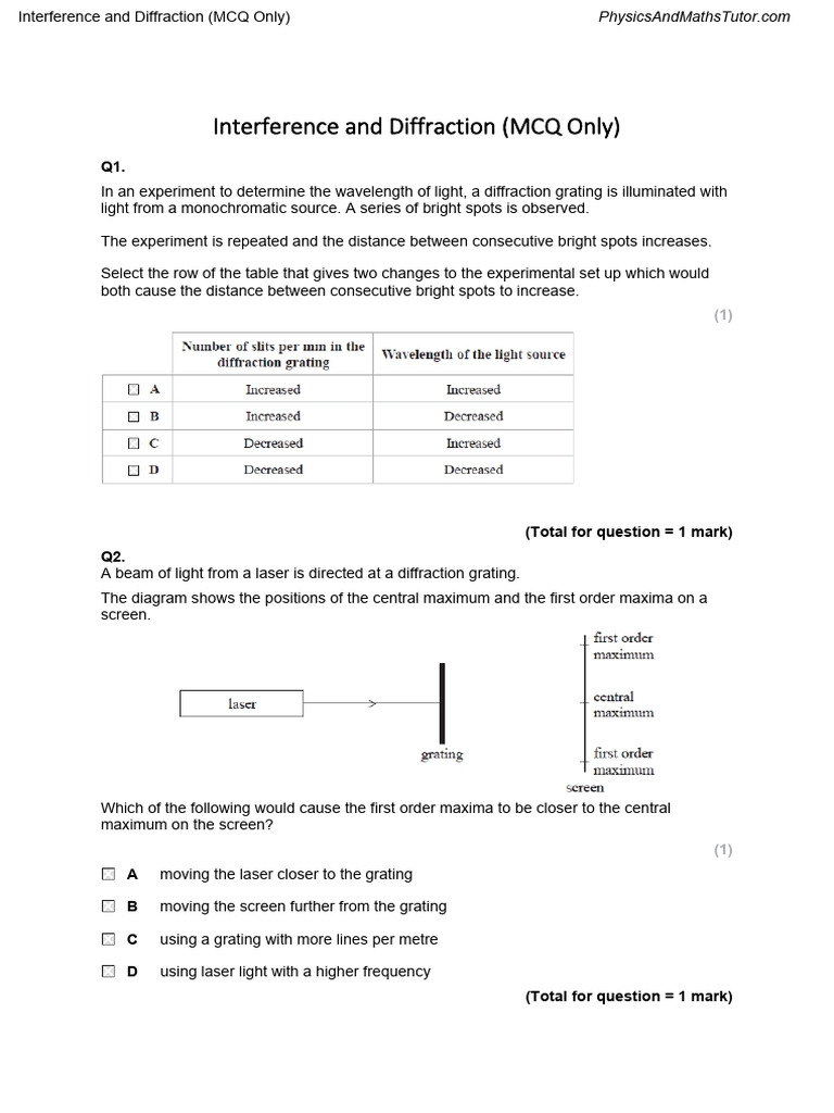 Interference And Diffraction Mcq Only Pdf Diffraction Waves