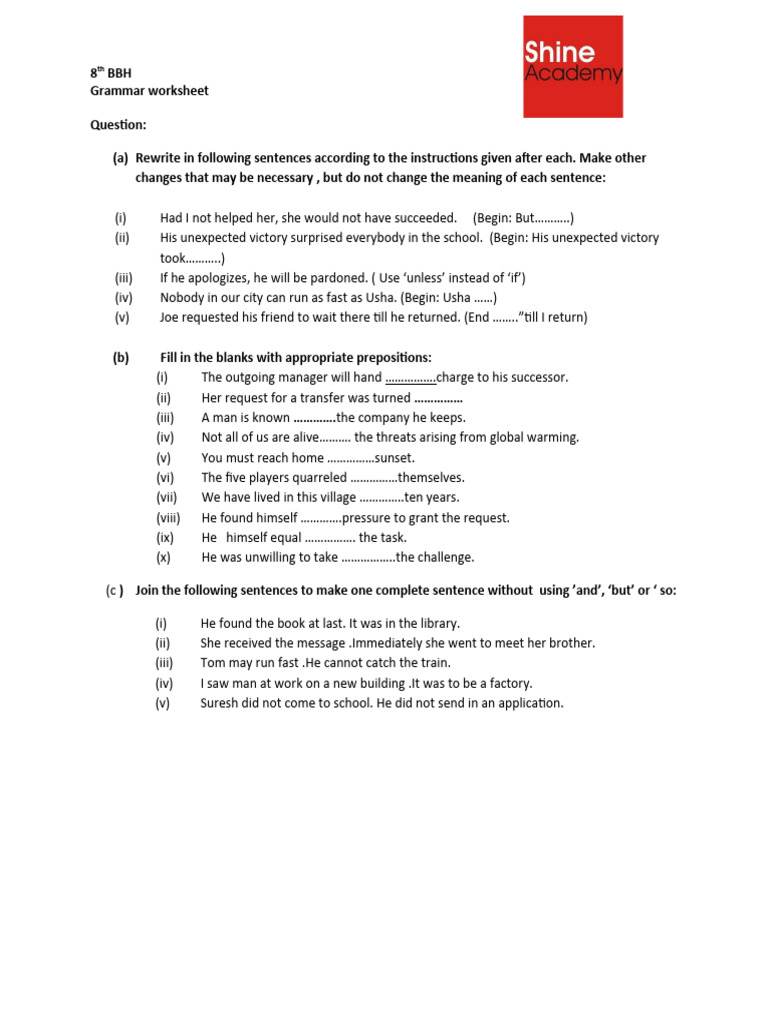 8th Grade Grammar Worksheet Guide | PDF