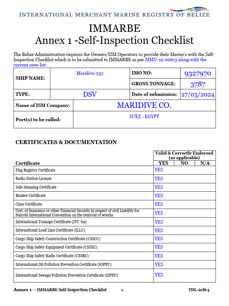 TDL-018r4 Annex 1 - IMMARBE Self-Inspection Checklist - Unlocked (1) 1 | PDF | Sailor