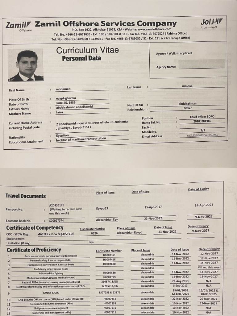 Zamil CV Form Chief Officer SDPO Mohamed Moussa SIGNED | PDF