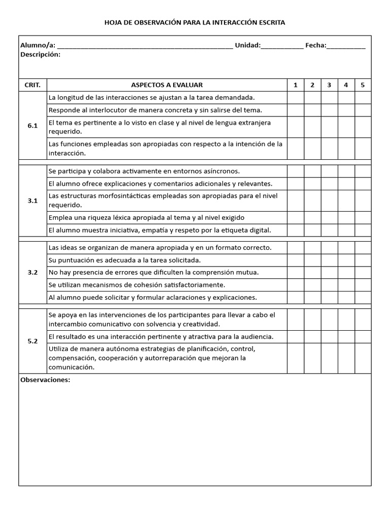 Hoja de Observación Interacción Escrita | PDF | Etiqueta | Cognición