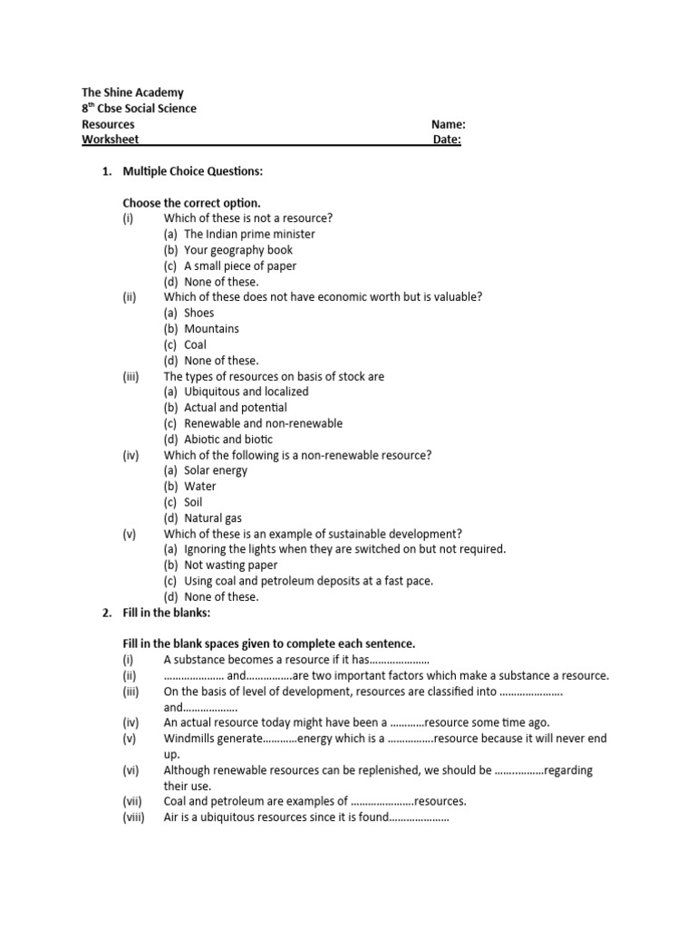 Class 8 Resources Worksheet with MCQs | PDF | Resource | Energy Development