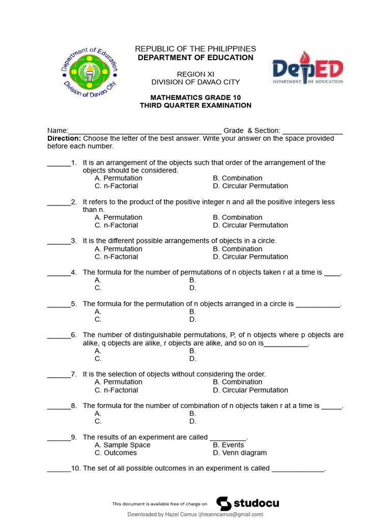 math 10 reviewer | PDF | Permutation | Set (Mathematics)