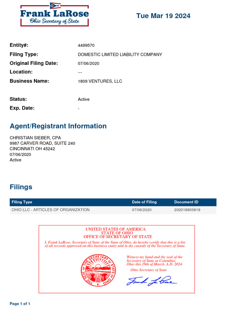 Ohio LLC Filing for 1809 Ventures | PDF