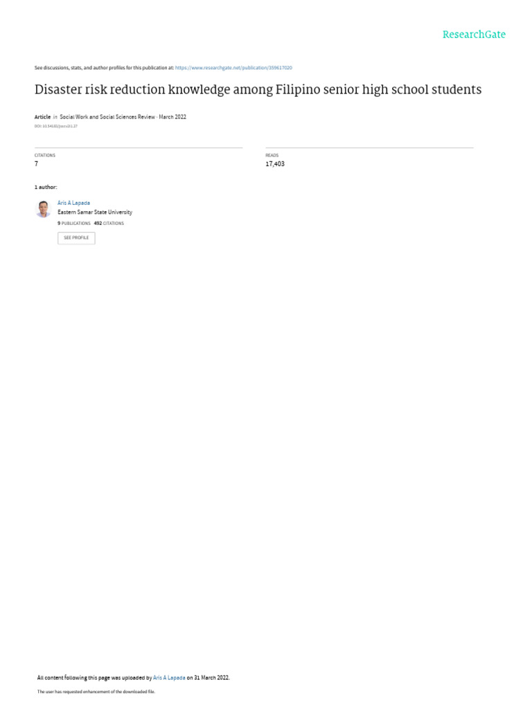 Disaster Risk Reduction Knowledge Among Filipino Senior High School ...