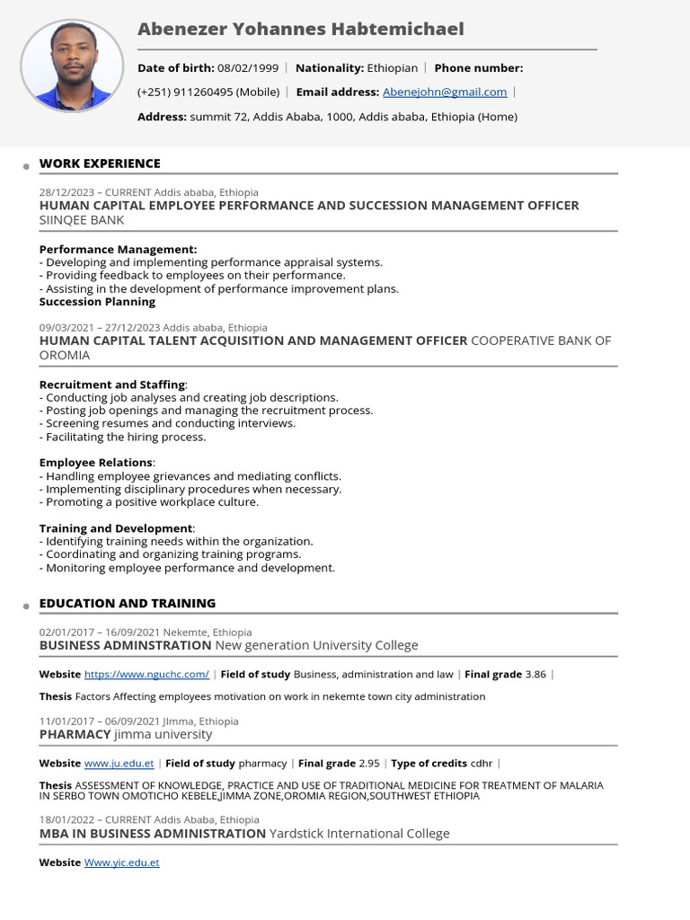 Abenezer Yohannes CV | PDF | Ethiopia | Recruitment