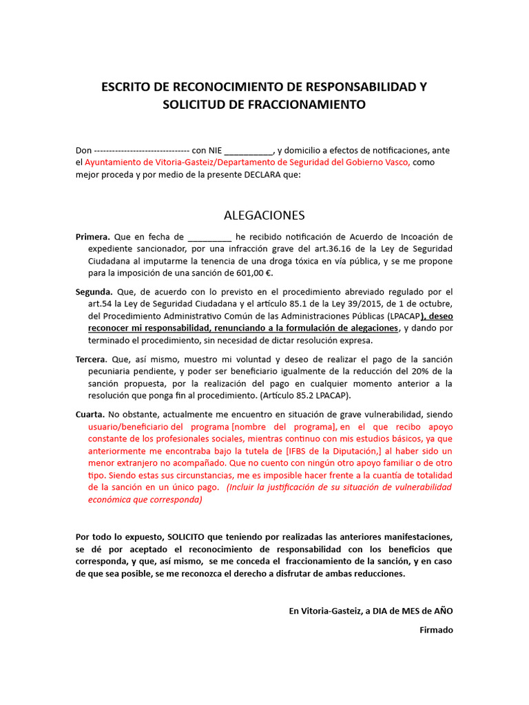 Escrito de Reconocimiento de Responsabilidad y Solicitud de Fraccionamiento | Descargar gratis ...