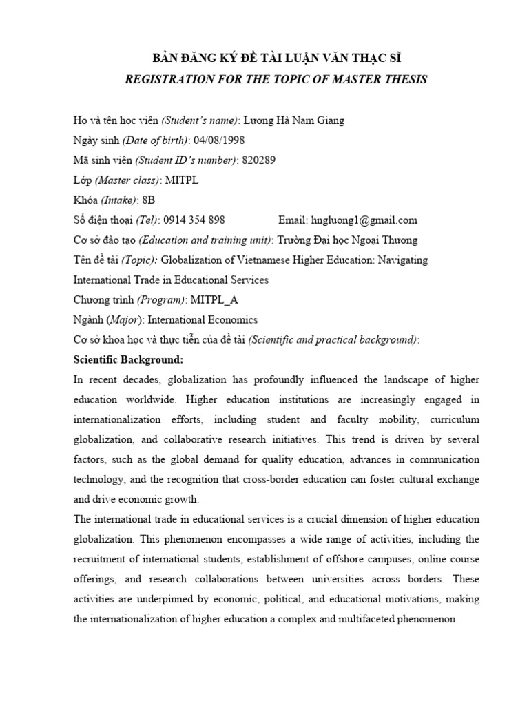 #0. Form For Registration of Master Thesis Topic 1 | PDF | Vietnam | Internationalization